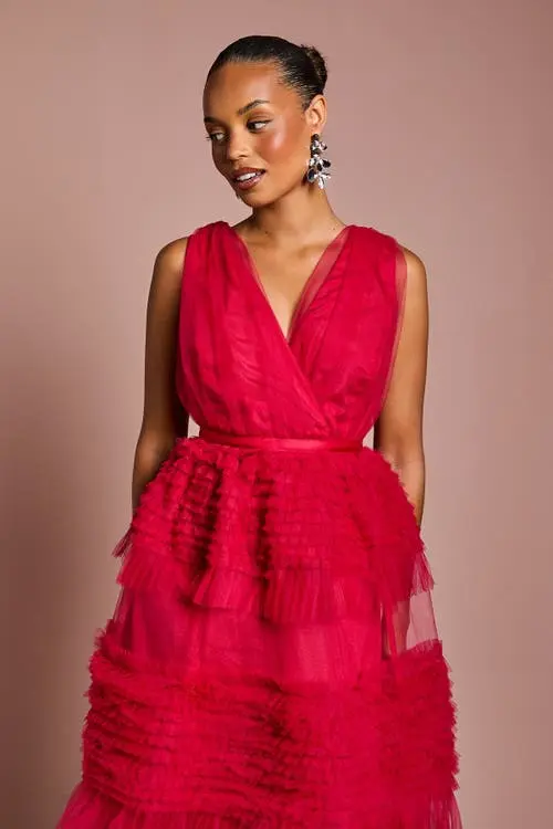 Coast Petite Sleeveless V-neck Tiered Mesh Maxi Dress