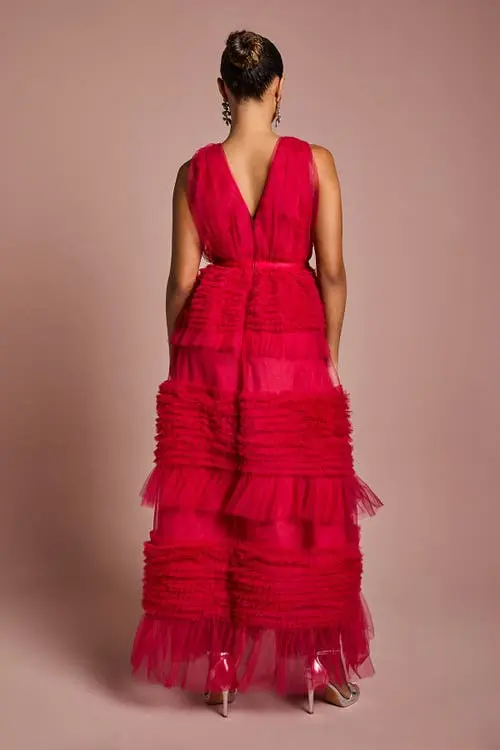 Coast Petite Sleeveless V-neck Tiered Mesh Maxi Dress