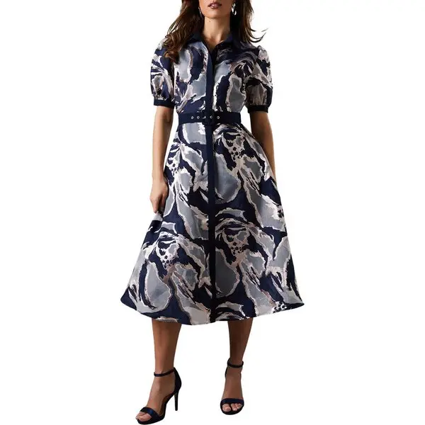 Coast Short Sleeve Jacquard Midi Shirt Dress - Navy