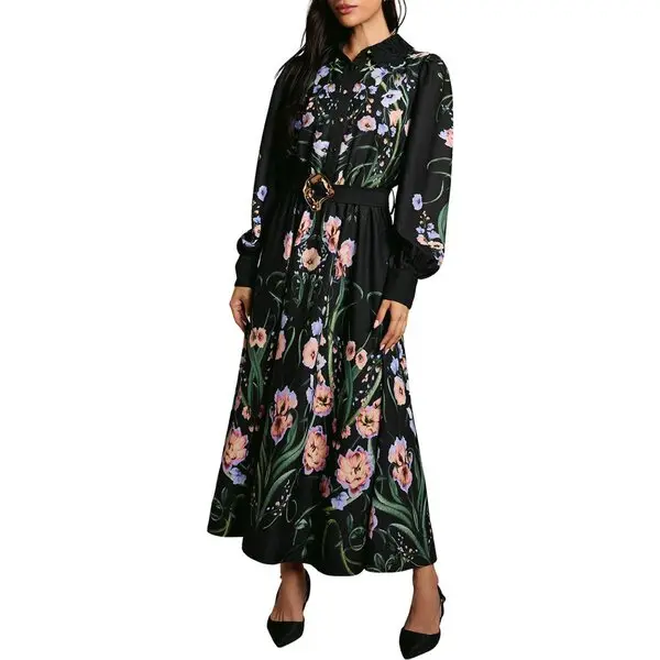 Coast Lace Trim Printed Shirt Dress - Black