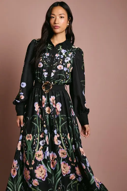 Coast Lace Trim Botanical Print Belted Shirt Dress