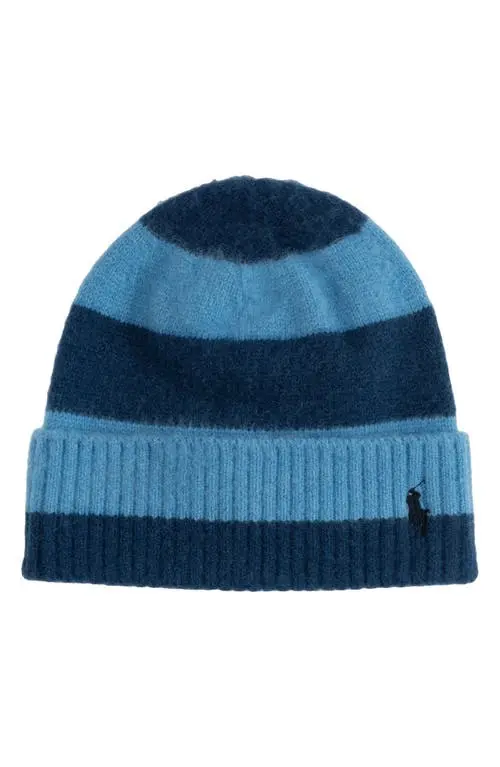 Ralph Lauren Stripe Brushed Wool Beanie - Navy/blue