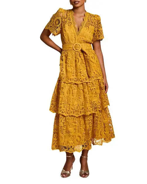 Coast Tiered Lace Midi Dress - Gold