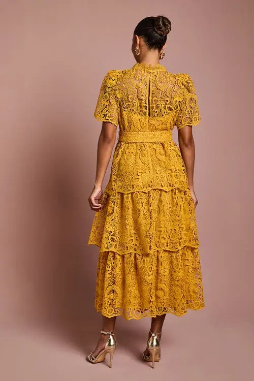 Coast Tiered Lace Midi Dress - Gold