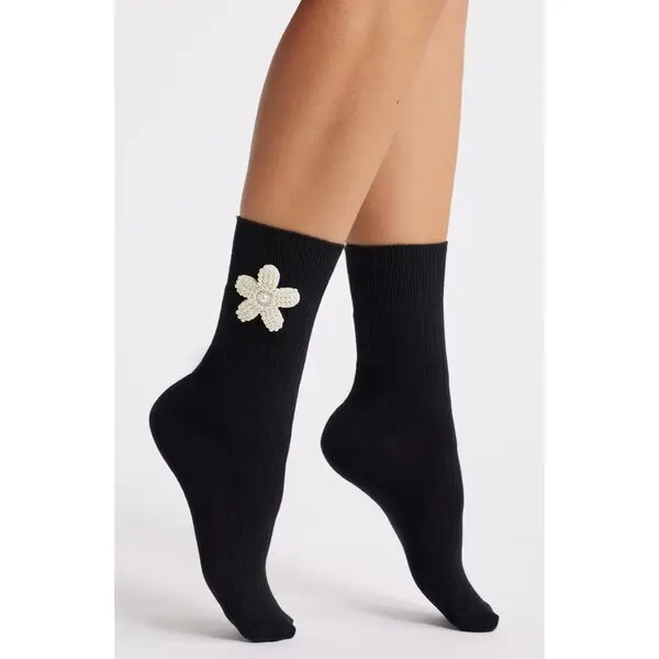HIGH HEEL JUNGLE Imitation Pearl Flower Socks - Black