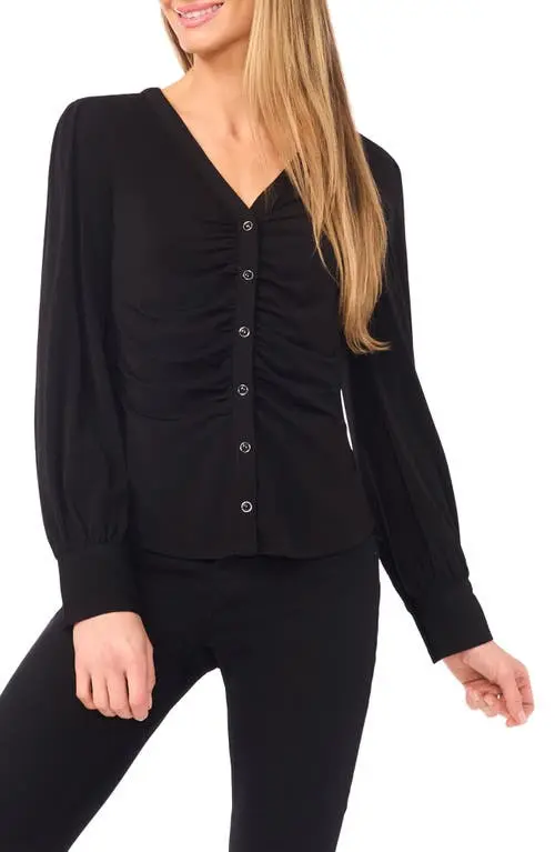 CECE DUPRAZ Shirred V-neck Button-up Shirt - Rich Black