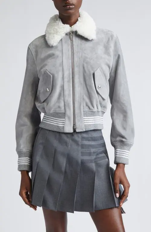 Thom Browne 4-bar Suede Crop Bomber Jacket With Shearling Collar - Medium Grey