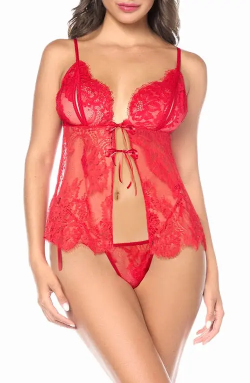 MAPALE Tie Front Lace Babydoll Chemise & Thong Set - Red