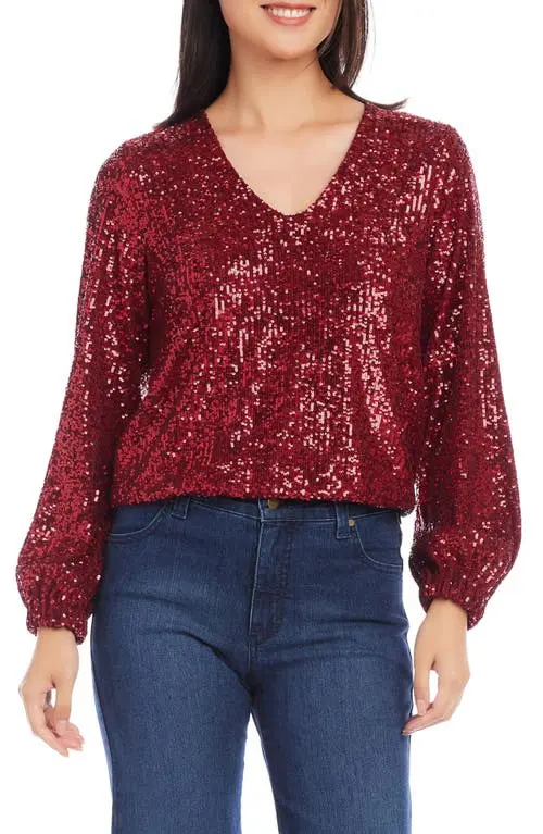 Karen Kane Sequin V-neck Top - Ruby