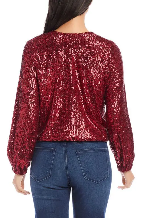 Karen Kane Sequin V-neck Top - Ruby