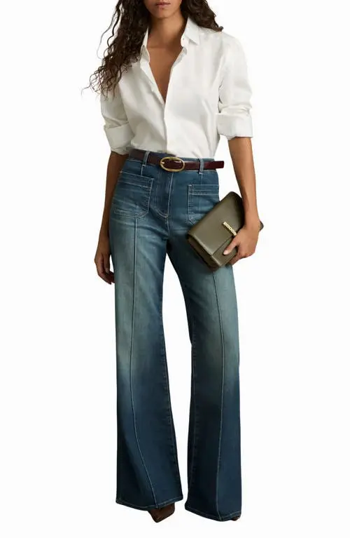 REISS Sakura Pintuck Patch Pocket Wide Leg Jeans - Mid Blue