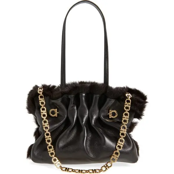 FERRAGAMO Small Gancio Piercing Leather & Shearling Shoulder Bag