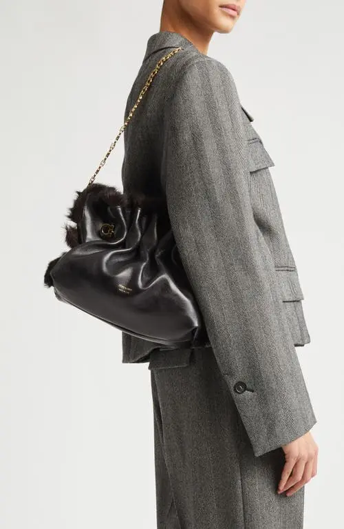FERRAGAMO Small Gancio Piercing Leather & Shearling Shoulder Bag