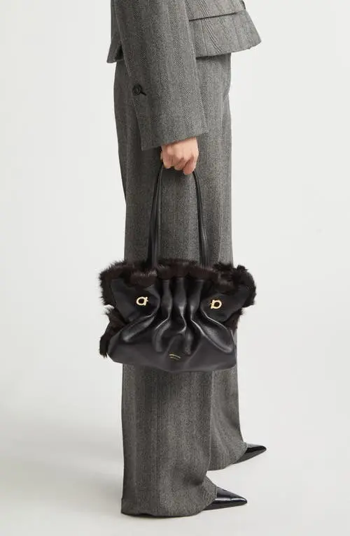 FERRAGAMO Small Gancio Piercing Leather & Shearling Shoulder Bag