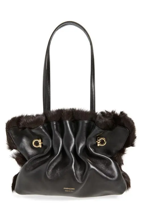 FERRAGAMO Small Gancio Piercing Leather & Shearling Shoulder Bag
