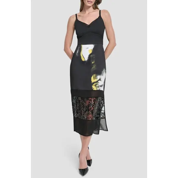Dkny Mesh & Sequin Paneled Midi Skirt