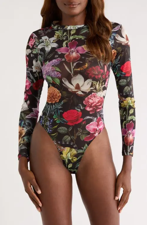KILO BRAVA Floral Print Mesh Long Sleeve Teddy