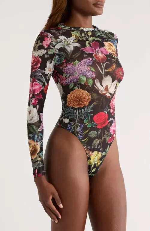 KILO BRAVA Floral Print Mesh Long Sleeve Teddy