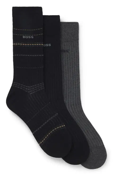 BOSS Ribbed Stripe And Solid Cotton Blend Dress Socks 3-pack - Black