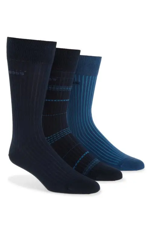 BOSS Ribbed Stripe And Solid Cotton Blend Dress Socks 3-pack - Dark Blue