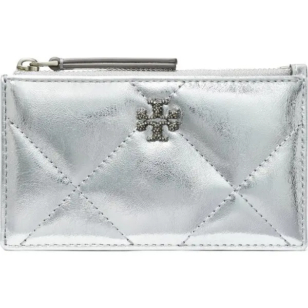 Tory Burch Kira Diamond Quilted Leather Zip Wallet - Silver