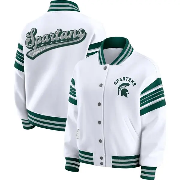 WEAR BY ERIN ANDREWS Green Michigan State Spartans Satin Stitch Full-snap Fleece Sweatshirt Jacket - White