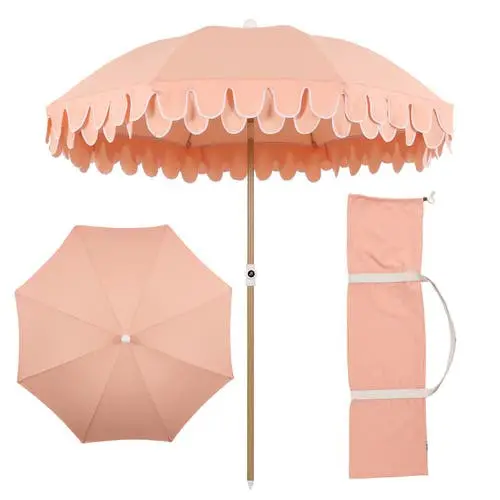 JONATHAN Y Horizon 6.5 Ft. Classic Midcentury Scalloped Fringe Market Beach Umbrella With Push-button Tilt - Coral Pink - Light Brown Pole
