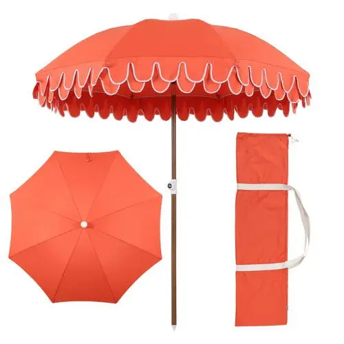 JONATHAN Y Horizon 6.5 Ft. Classic Midcentury Scalloped Fringe Market Beach Umbrella With Push-button Tilt - Coral Red - Dark Brown Pole