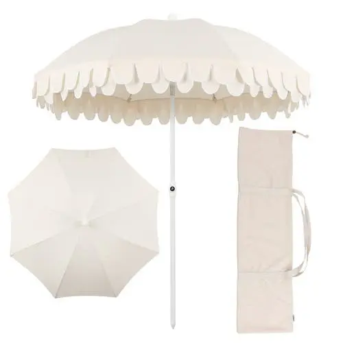 JONATHAN Y Horizon 6.5 Ft. Classic Midcentury Scalloped Fringe Market Beach Umbrella With Push-button Tilt - Cream - White Pole