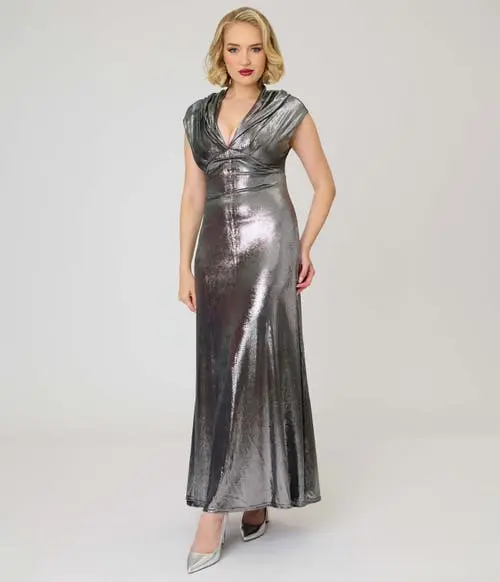 Unique Vintage Hooded Maxi Dress - Silver Solid