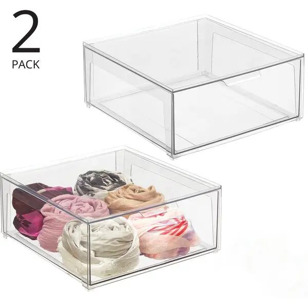 MDESIGN Plastic Stacking Closet Storage Organizer Bin With Drawer, 2 Pack