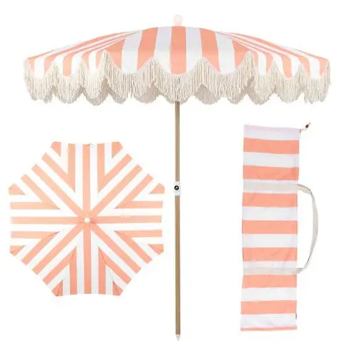 JONATHAN Y Mariner 6.5 Ft. Classic Cottage Fringe Tassel Market Beach Umbrella With Push Button Tilt - Coral Pink - Light Brown Pole
