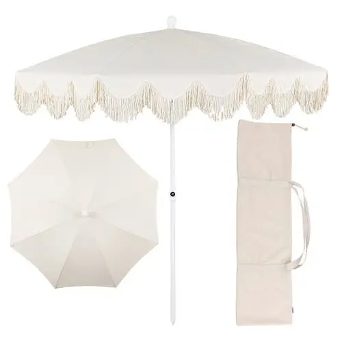 JONATHAN Y Mariner 6.5 Ft. Classic Cottage Fringe Tassel Market Beach Umbrella With Push Button Tilt - Cream - White Pole