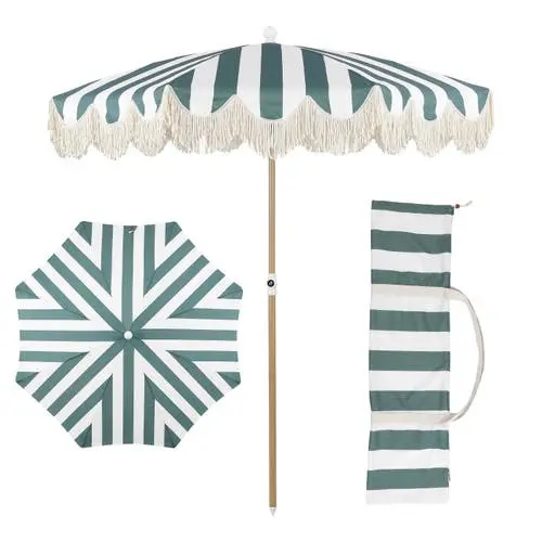 JONATHAN Y Mariner 6.5 Ft. Classic Cottage Fringe Tassel Market Beach Umbrella With Push Button Tilt - Green/white - Light Brown Pole