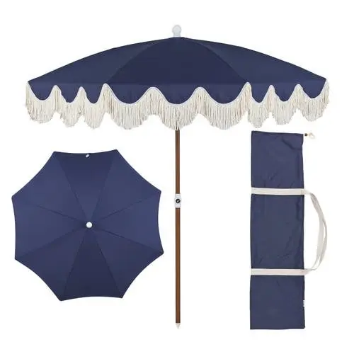 JONATHAN Y Mariner 6.5 Ft. Classic Cottage Fringe Tassel Market Beach Umbrella With Push Button Tilt - Navy - Dark Brown Pole