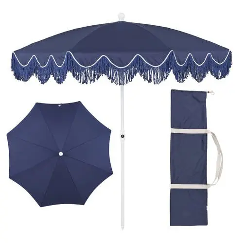 JONATHAN Y Mariner 6.5 Ft. Classic Cottage Fringe Tassel Market Beach Umbrella With Push Button Tilt - Navy - White Pole