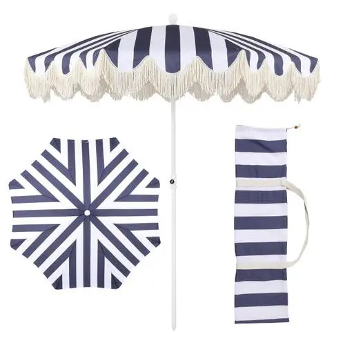 JONATHAN Y Mariner 6.5 Ft. Classic Cottage Fringe Tassel Market Beach Umbrella With Push Button Tilt - Navy/white - White Pole