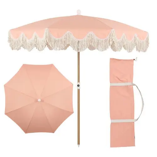 JONATHAN Y Mariner 6.5 Ft. Classic Cottage Fringe Tassel Market Beach Umbrella With Push Button Tilt - Pink - Light Brown Pole