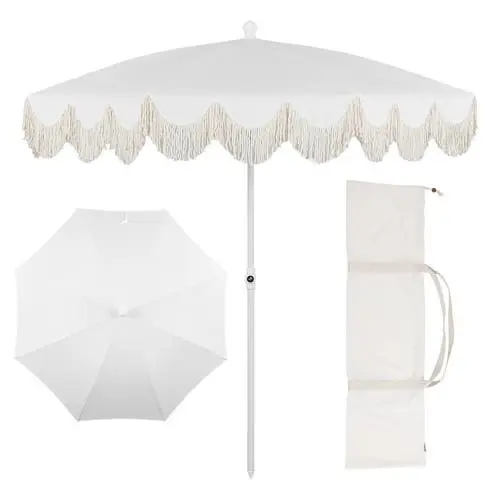 JONATHAN Y Mariner 6.5 Ft. Classic Cottage Fringe Tassel Market Beach Umbrella With Push Button Tilt - White/cream - White Pole
