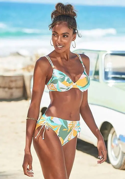 LASCANA Pattern Mid-rise Bikini Bottom - Yellow & White