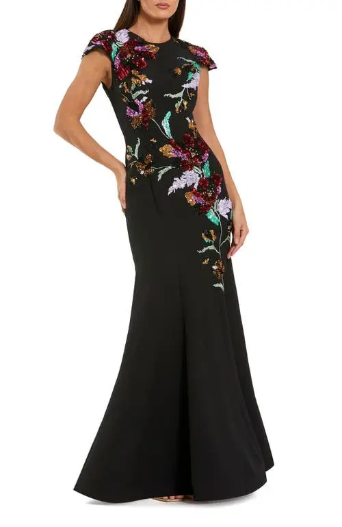 Mac Duggal Crepe Mermaid Gown With Floral Embroidery