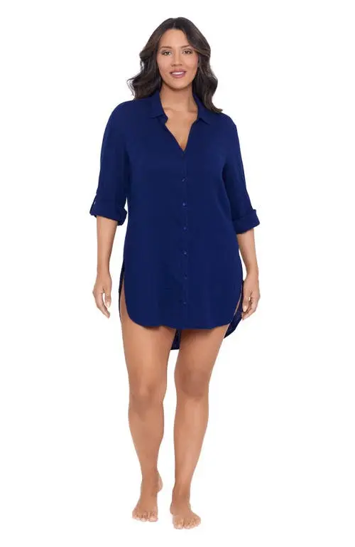 TRIMSHAPER Button-down High-low Beach Shirt Coverup - Ink