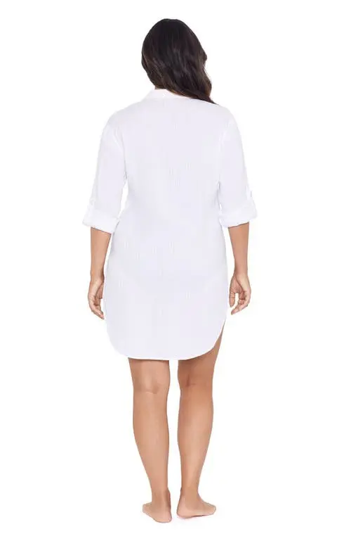 TRIMSHAPER Button-down High-low Beach Shirt Coverup - White
