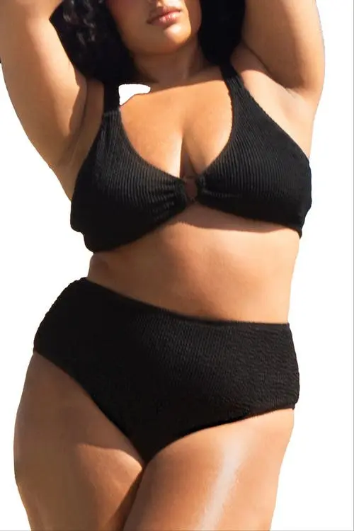 FASHION-SZN CURVE Curve Crinkle Trim Bikini Set - Black