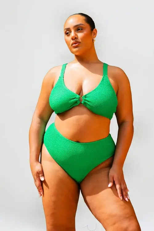 FASHION-SZN CURVE Curve Crinkle Trim Bikini Set - Green