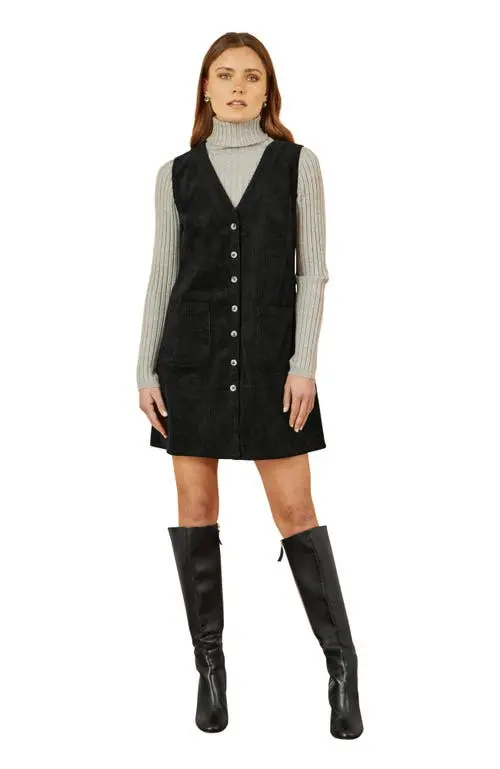 YUMI V-neck Cord Pinafore Dress - Black