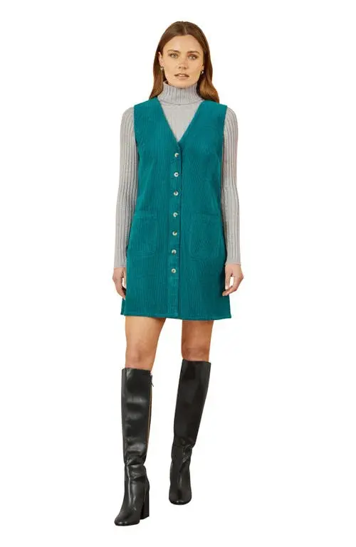 YUMI V-neck Cord Pinafore Dress - Teal