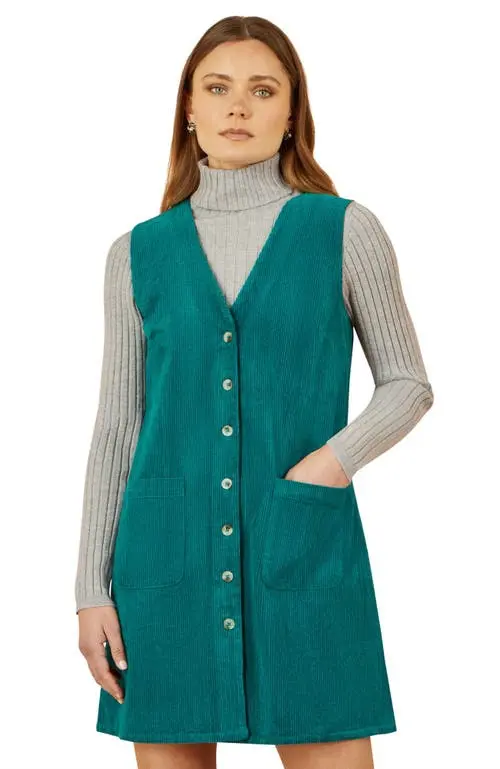 YUMI V-neck Cord Pinafore Dress - Teal
