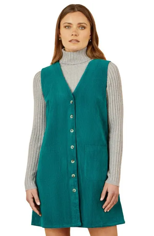 YUMI V-neck Cord Pinafore Dress - Teal