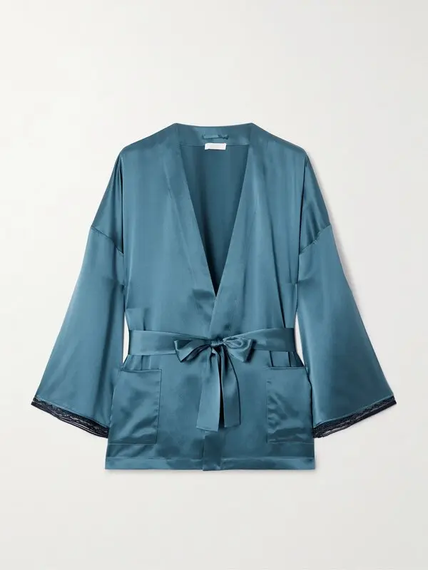 ERES Ondine Belted Lace-trimmed Silk-satin Robe - Blue